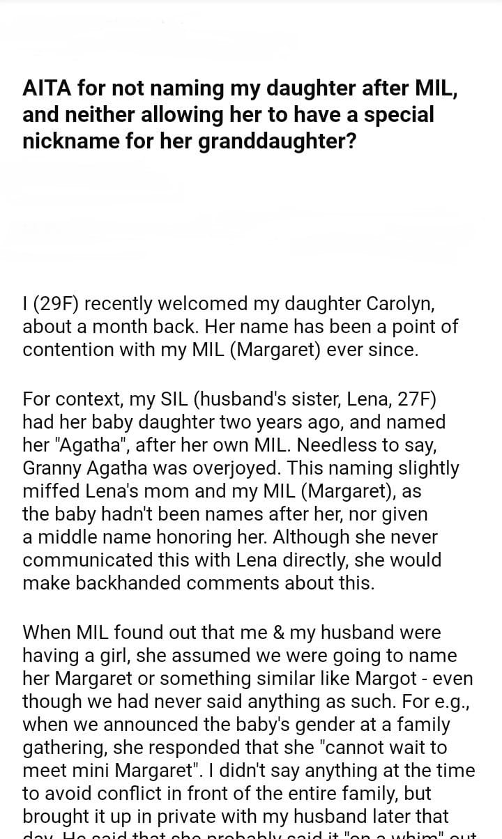 AITA for not naming my daughter after MIL – DJOTD.com